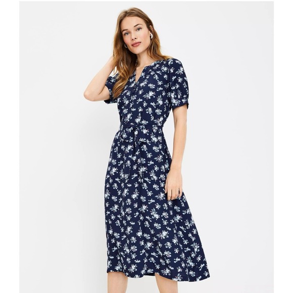 LOFT | Dresses | Loft Midi Dress Blue Floral Cap Sleeve Tie Waist ...